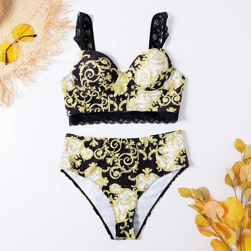Lace 2 Piece Set Women Swimsuits Print With Steel Support With Chest ...