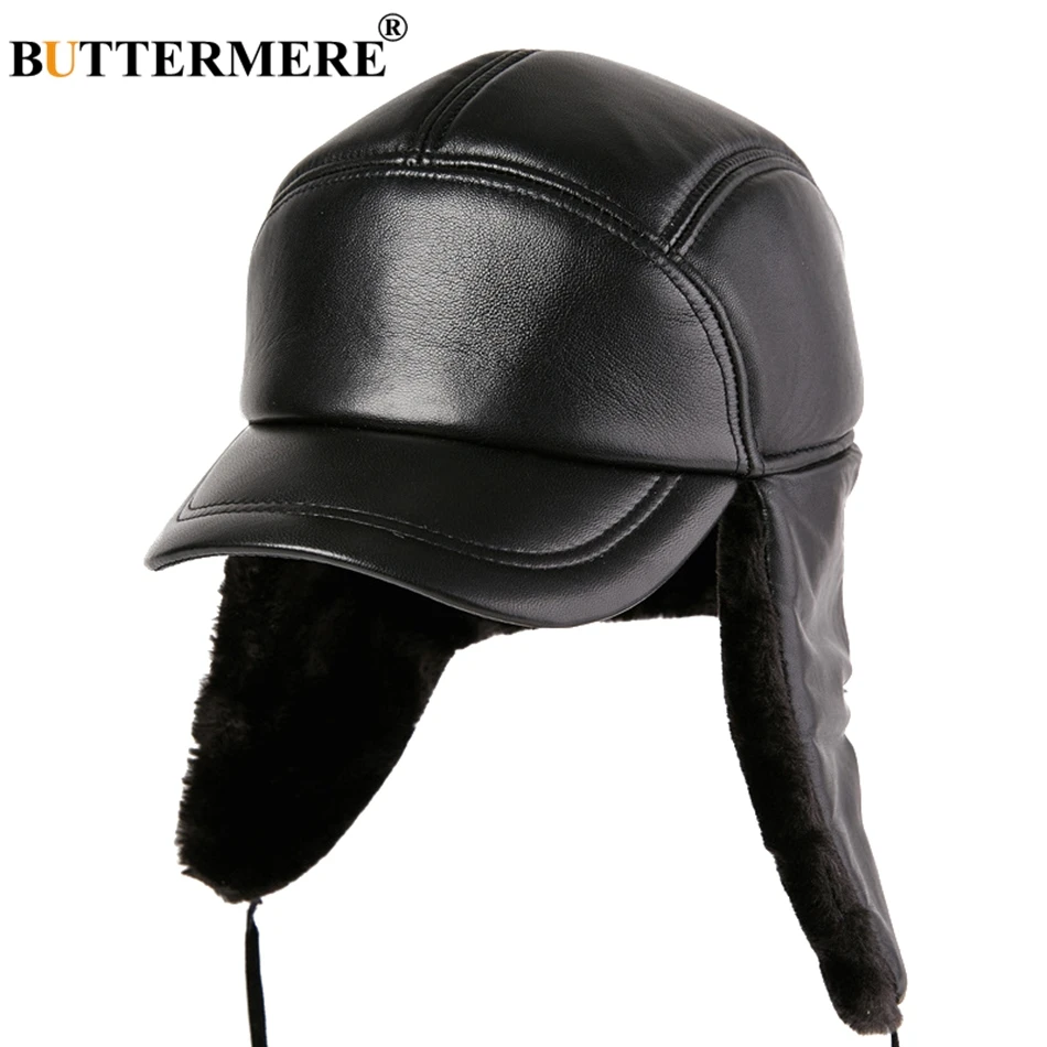BUTTERMERE Bomber Hat Leather Black Men Ushanka Hats With Earflap ...