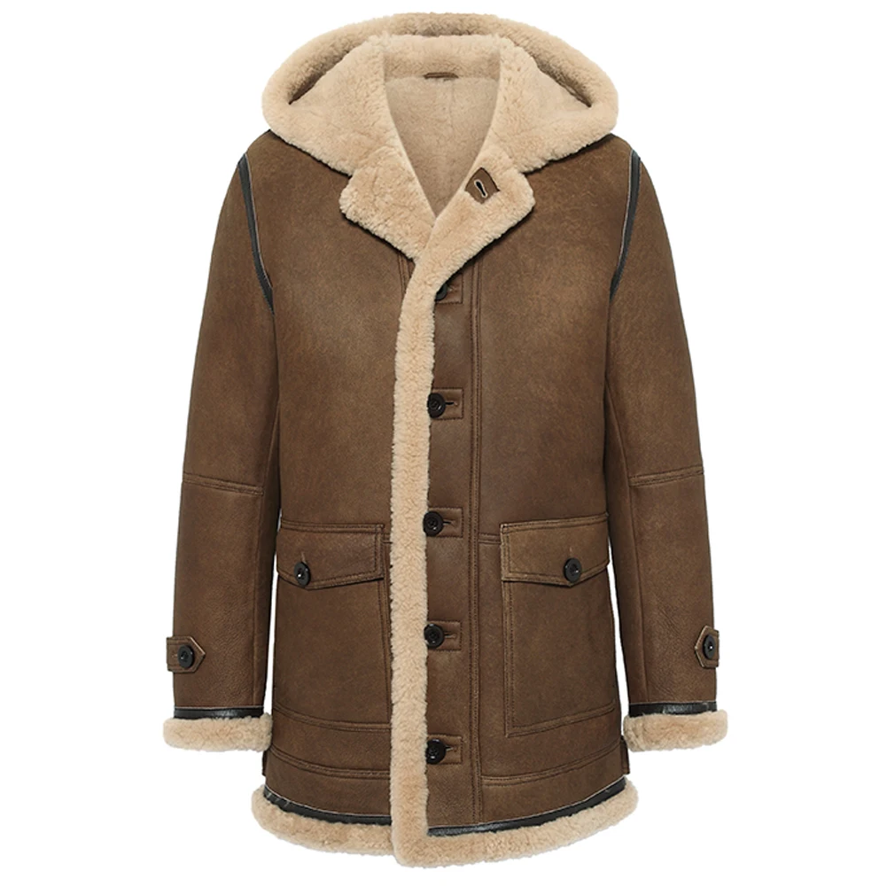 Leather Jacket Mens Sheepskin Shearling Jacket Hooded B7 Bomber Jacket ...