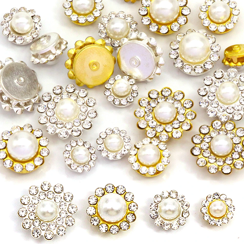 Glitter Crystal 20pcs Pearl Buttons Rhinestone Gold/sliver Flat Back ...