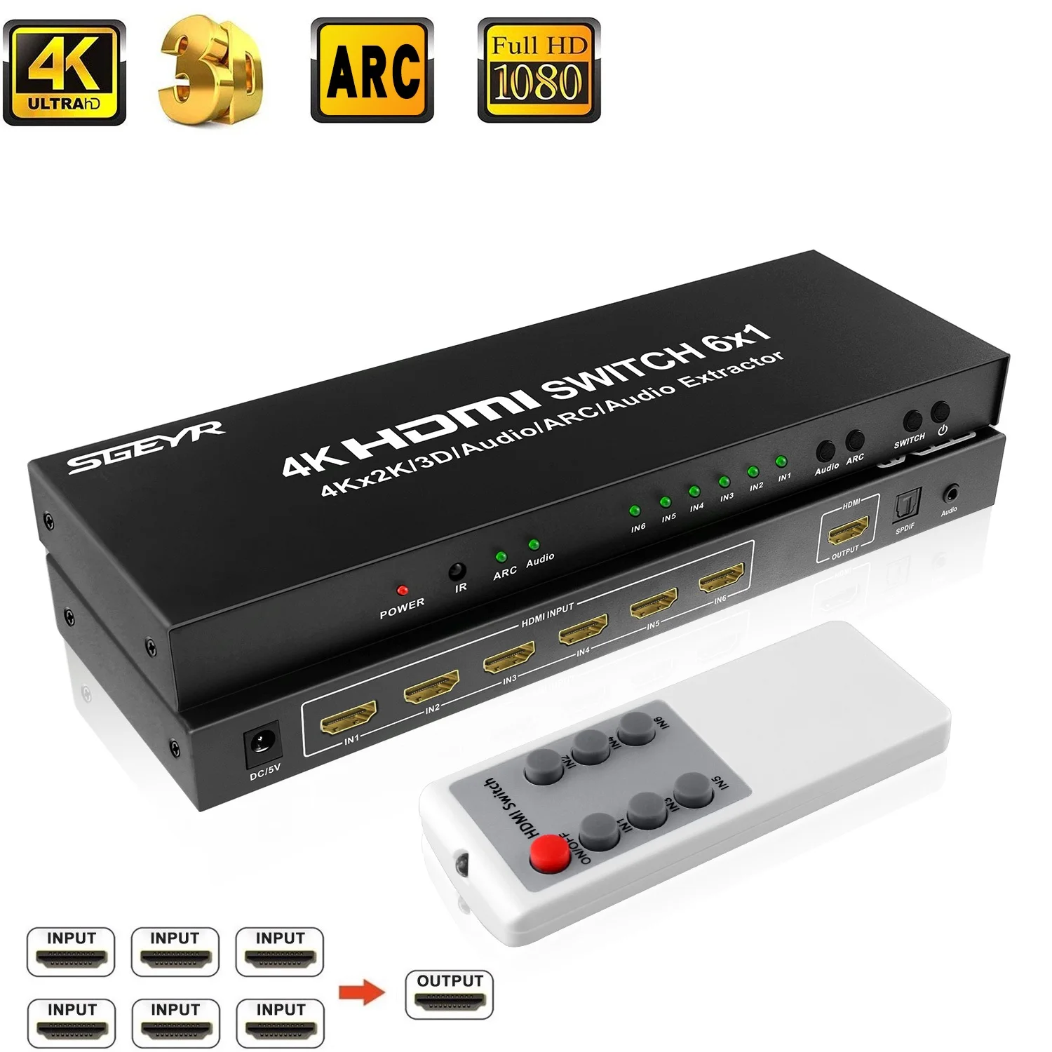 6x1 HDMI Switch 4K 6 Port HDMI Switcher 6 In 1 Out with HDMI Audio ...