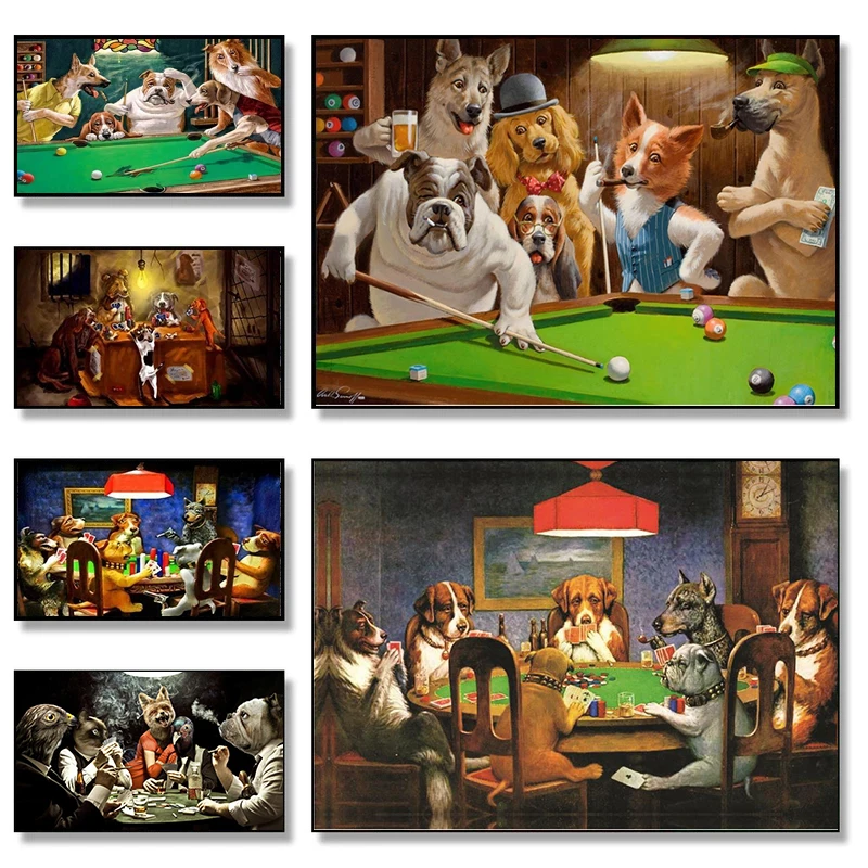 Abstract Funny Animal Dogs Playing Poker Playing Billiard Canvas ...