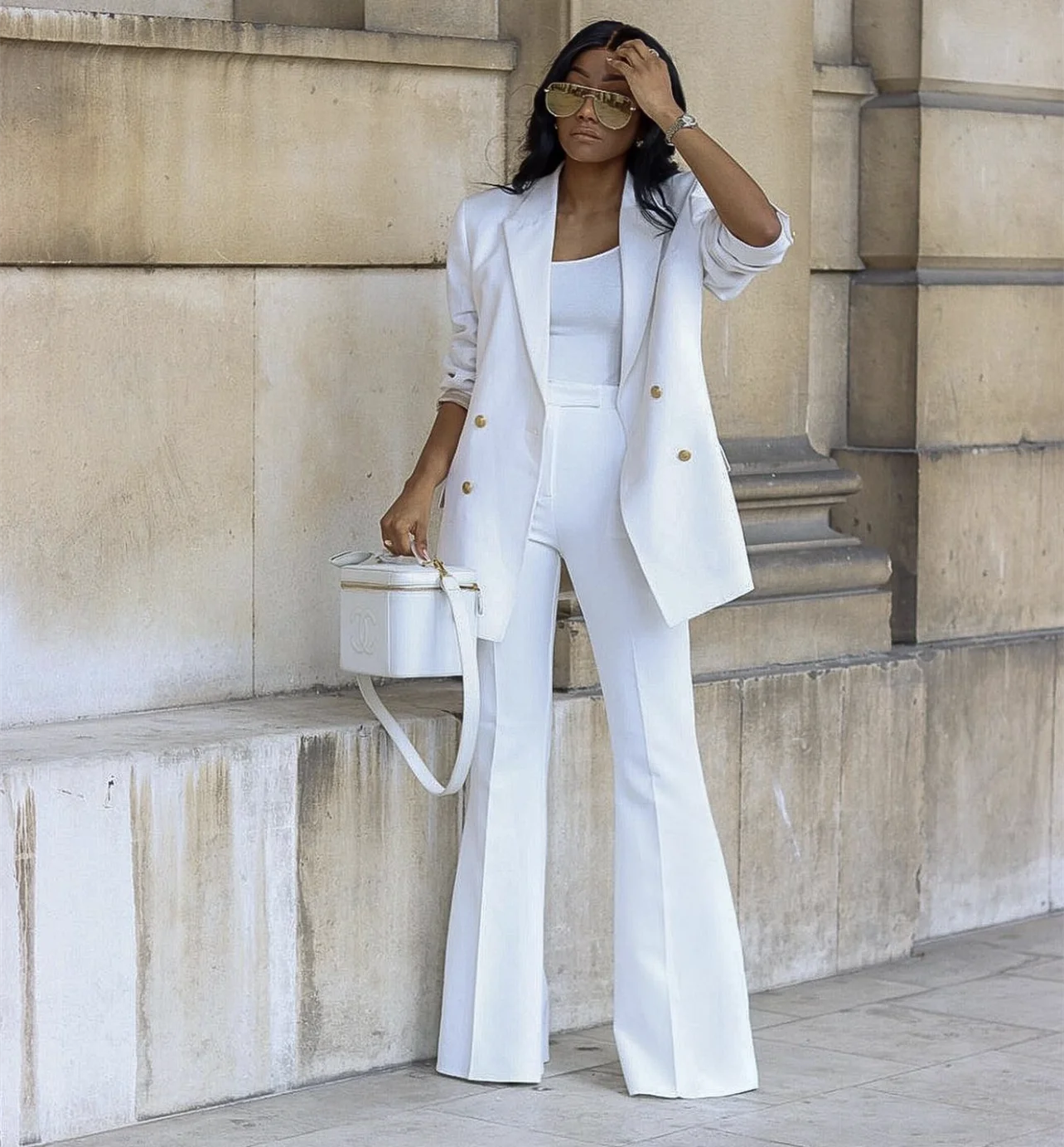 Spring Summer White Ladies Blazer Wide Leg Pants Set 2 Piece Ol Office