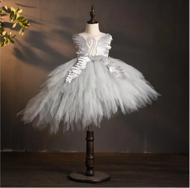 Elegant Swan Crystal Tulle Trailing Flower Girl Dress Evening Gown Kids ...