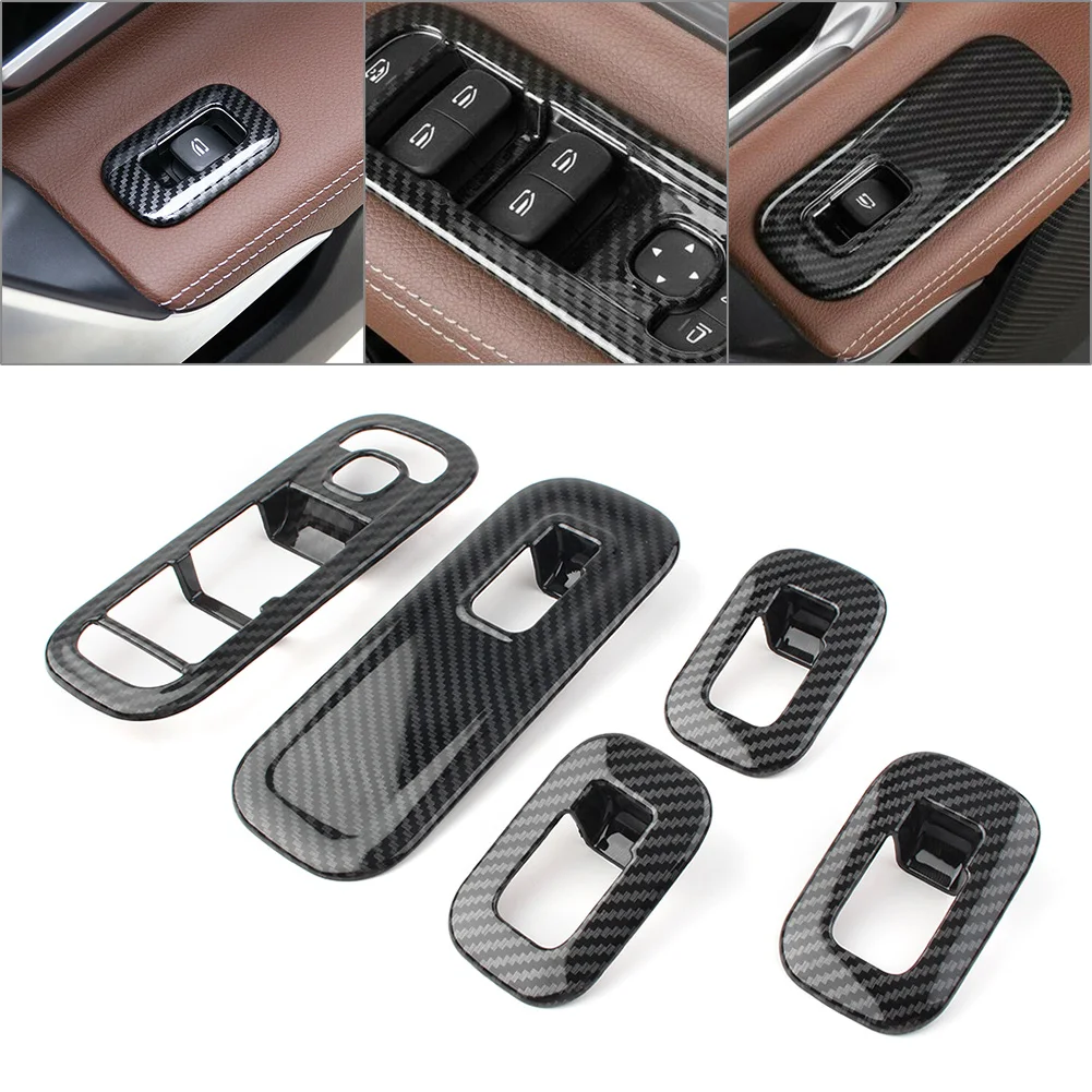 5Pcs Car Door Window Switch Cover Trims Set Carbon Fiber Pattern ABS ...