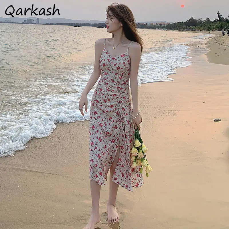 Summer-Dress-Women-Floral-Side-slit-Design-Shirring-Romantic-Sexy-Beach ...