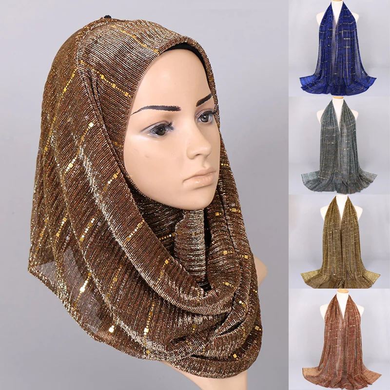 Women Scarf Fashion Shiny Shimmer Sequins Gold Silver Yarn Muslim Hijab ...