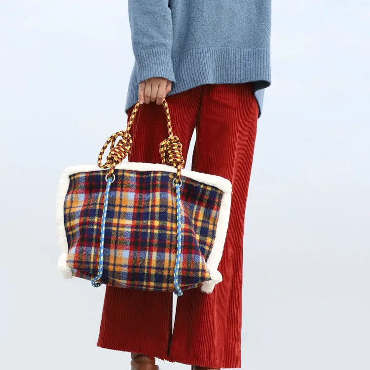 Women Bag Autumn Winter Designer Wool Vintage Plaid Casual Tote Bag ...