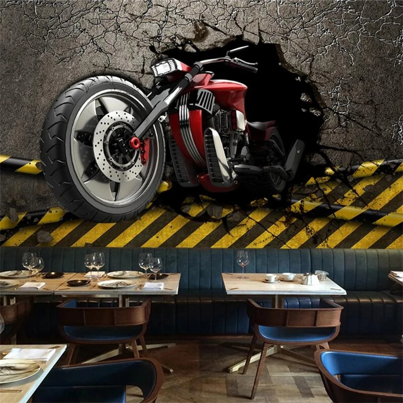 Custom Wallpaper 3D Broken Wall Motorcycle Mural European Retro Living ...