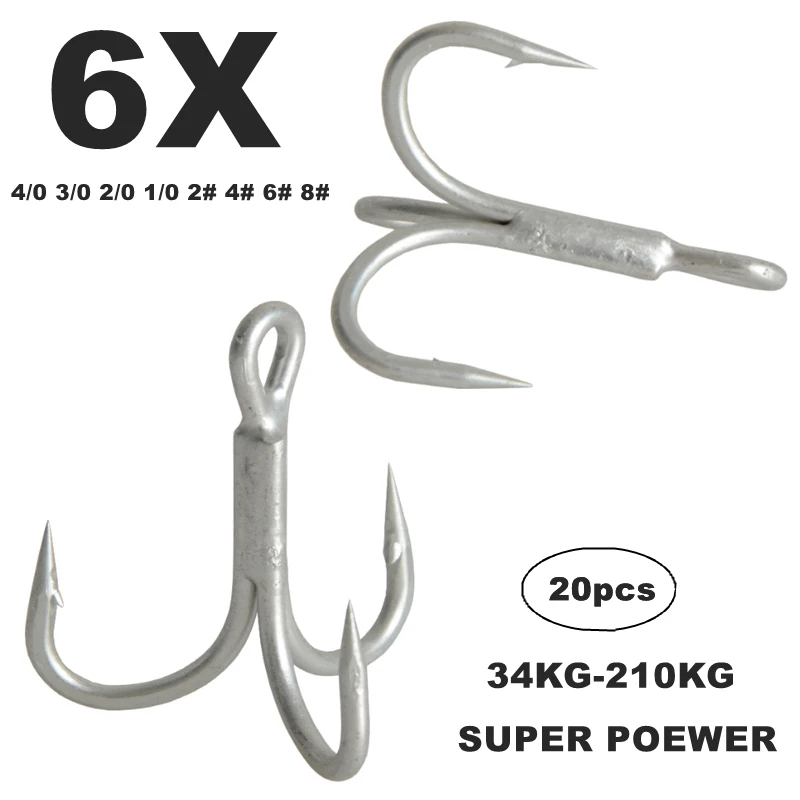 20pcs 6x Super sharp Round treble hook High carbon steel max test 210kg ...