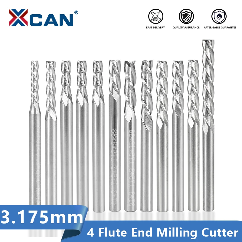 XCAN End Mill 4 Flute Carbide Milling Cutter 3.175mm Shank Spiral Flat ...