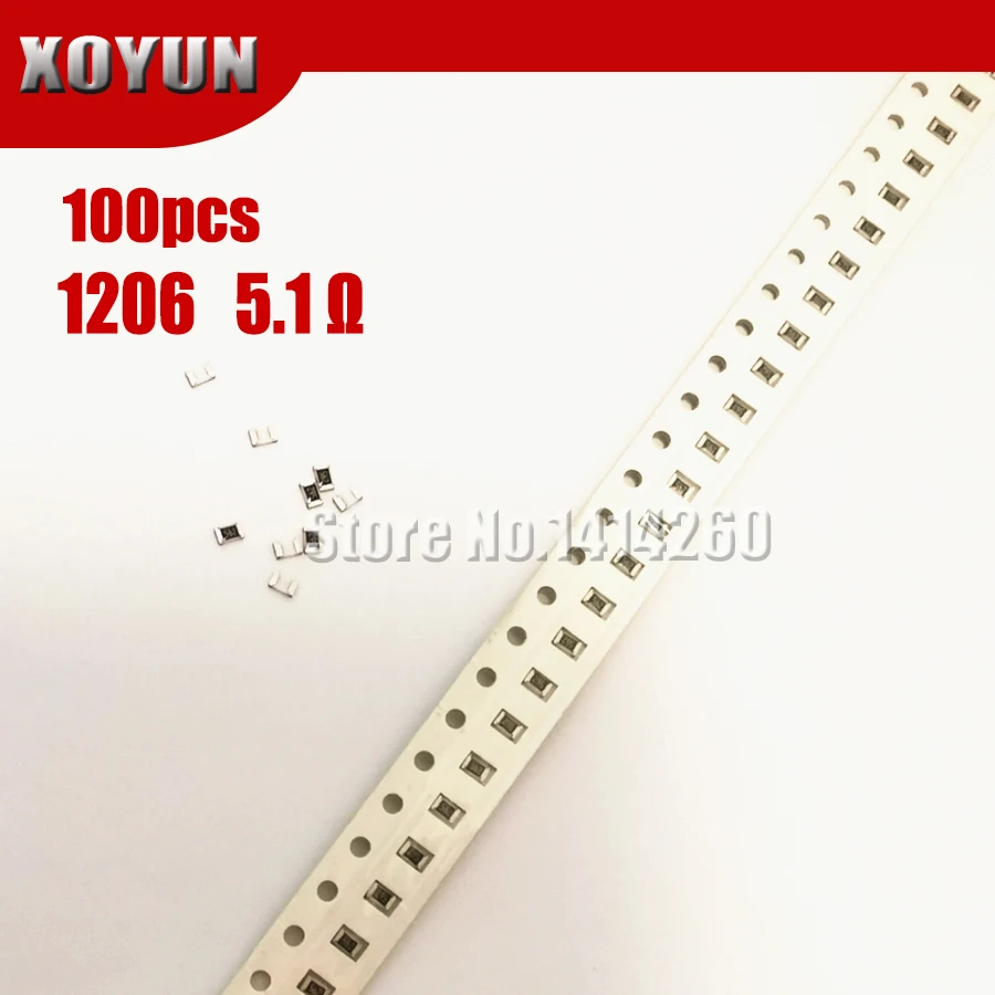 100 peças resistor smd 1206 1% ohm resistor de chip 5.1 w 1/4w 5r1 5.1r ...