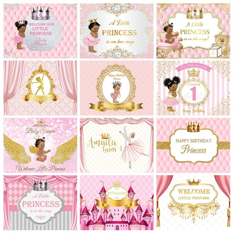 Pink-Princess-Birthday-Poster-Photography-Backdrops-Gold-Crown-Diamond ...