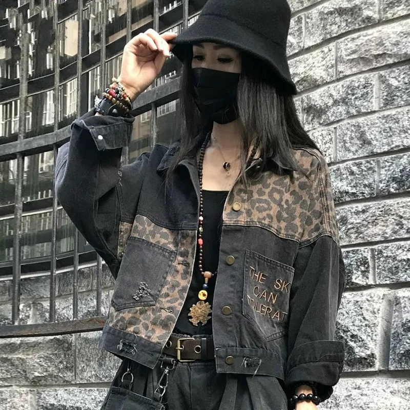 Jaqueta jeans feminina de leopardo, casaco estilo harajuku punk folgado, de primavera para ...