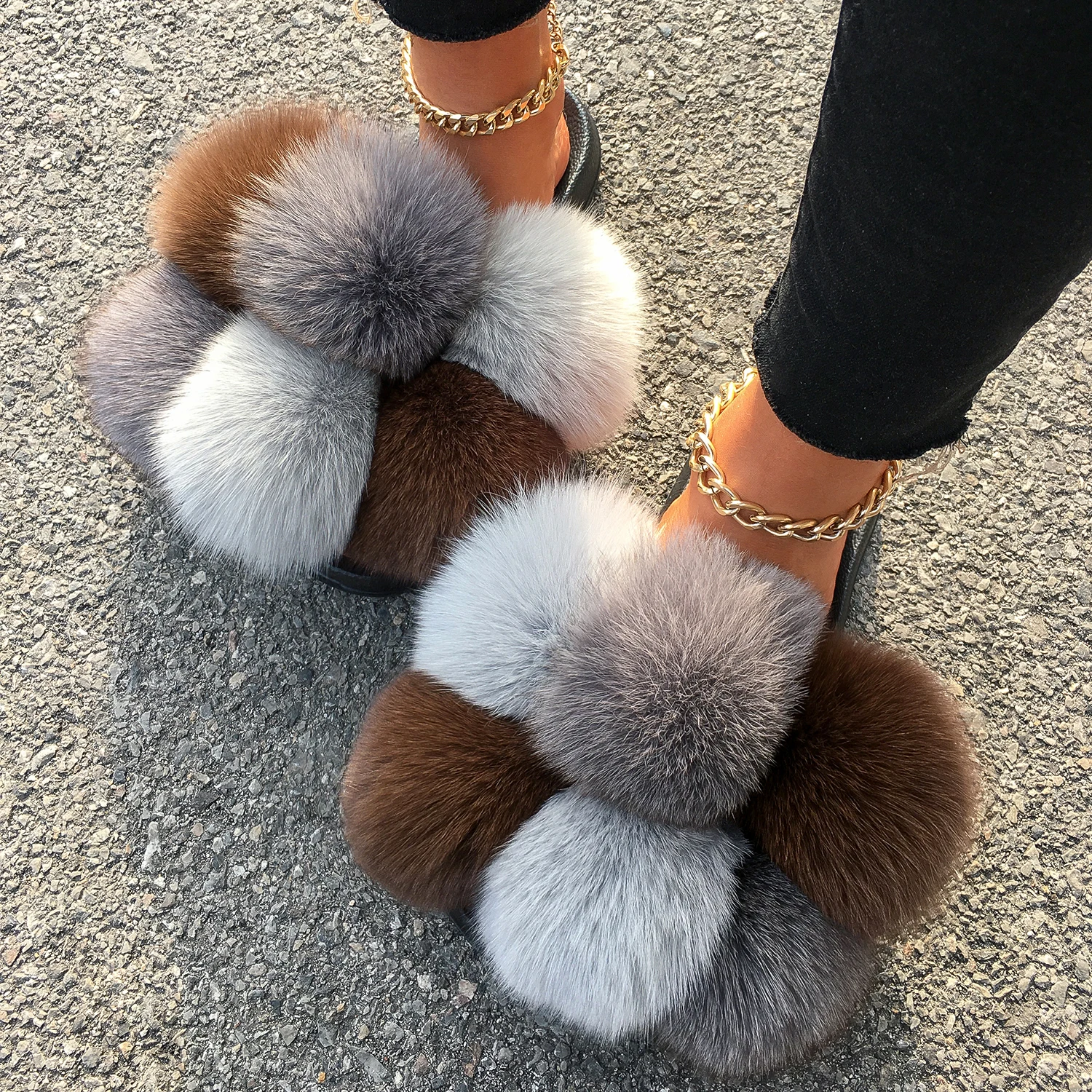 Real-Fox-Raccoon-Fur-Slippers-Pom-Pom-Fur-Slides-Fluffy-Flip-Flops ...