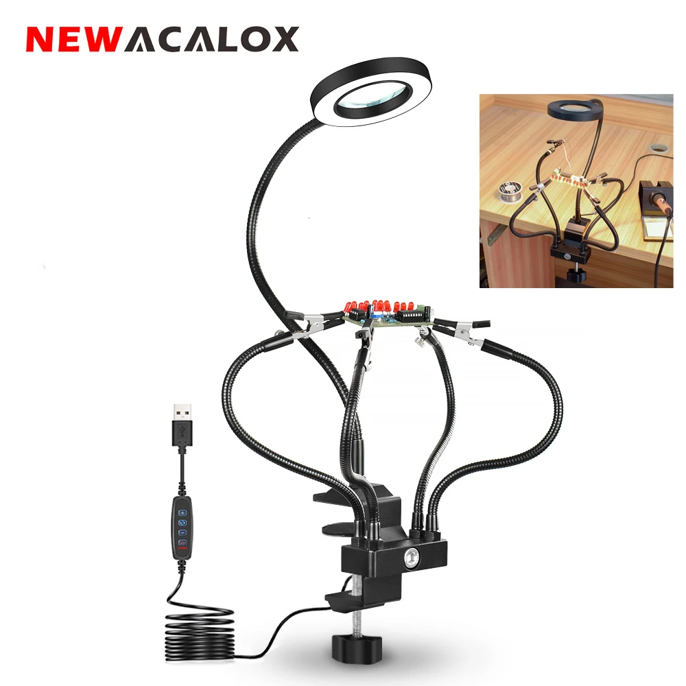 NEWACALOX-Clip-on-Soldering-PCB-Holder-Tool-with-3X-LED-Magnifier-5Pcs ...