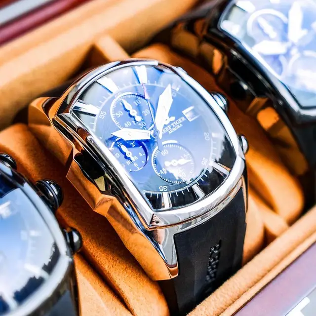 Reef Tiger/RT Big Sport Watches with Date Rubber Strap Steel Blue Dial ...