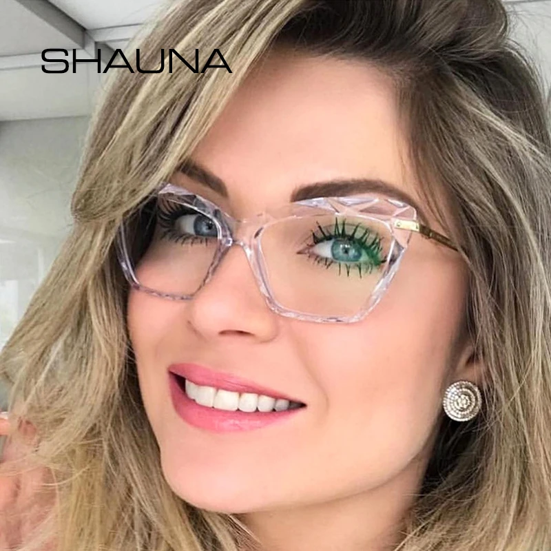 SHAUNA Spring Hinge Unique Faceted Eyeglasses Frame Women Transparent ...