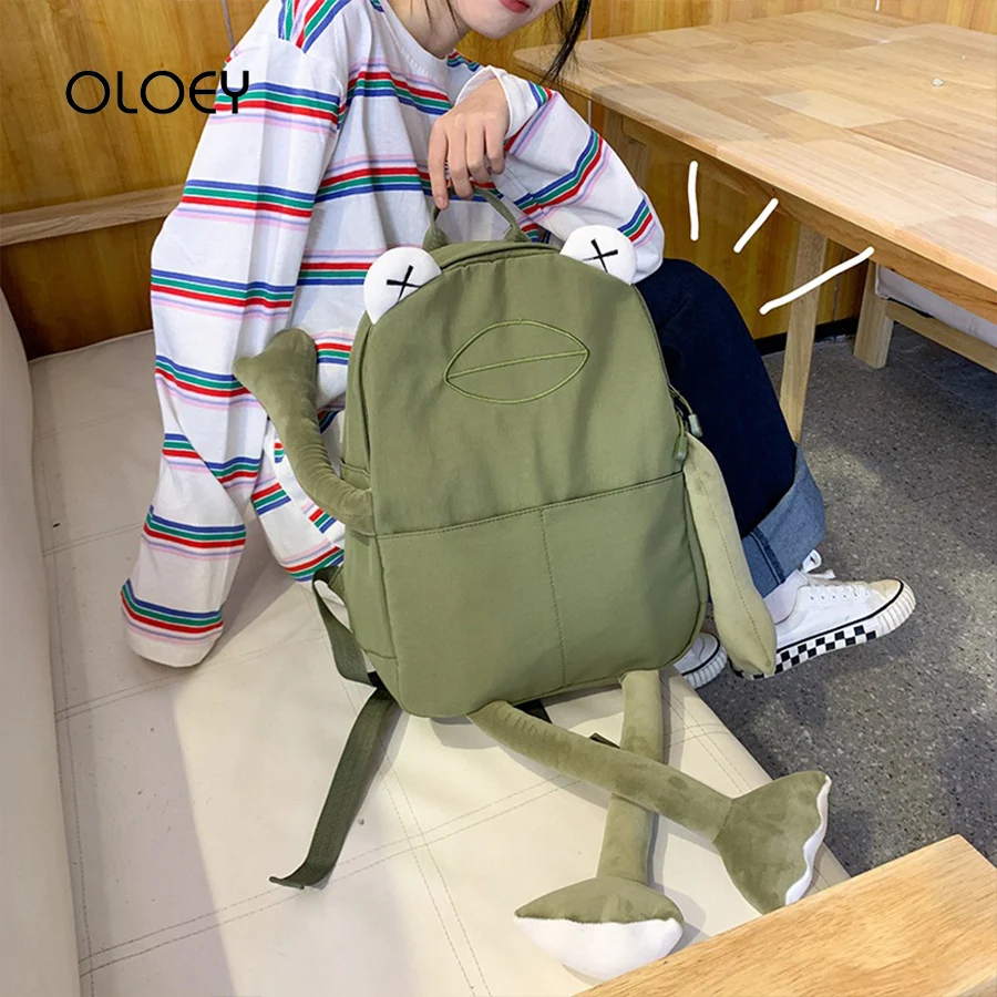 Mochila-Bolsa-Cartoon-Frog-Shape-Backpacks-Women-Canvas-Bagpack-Green ...
