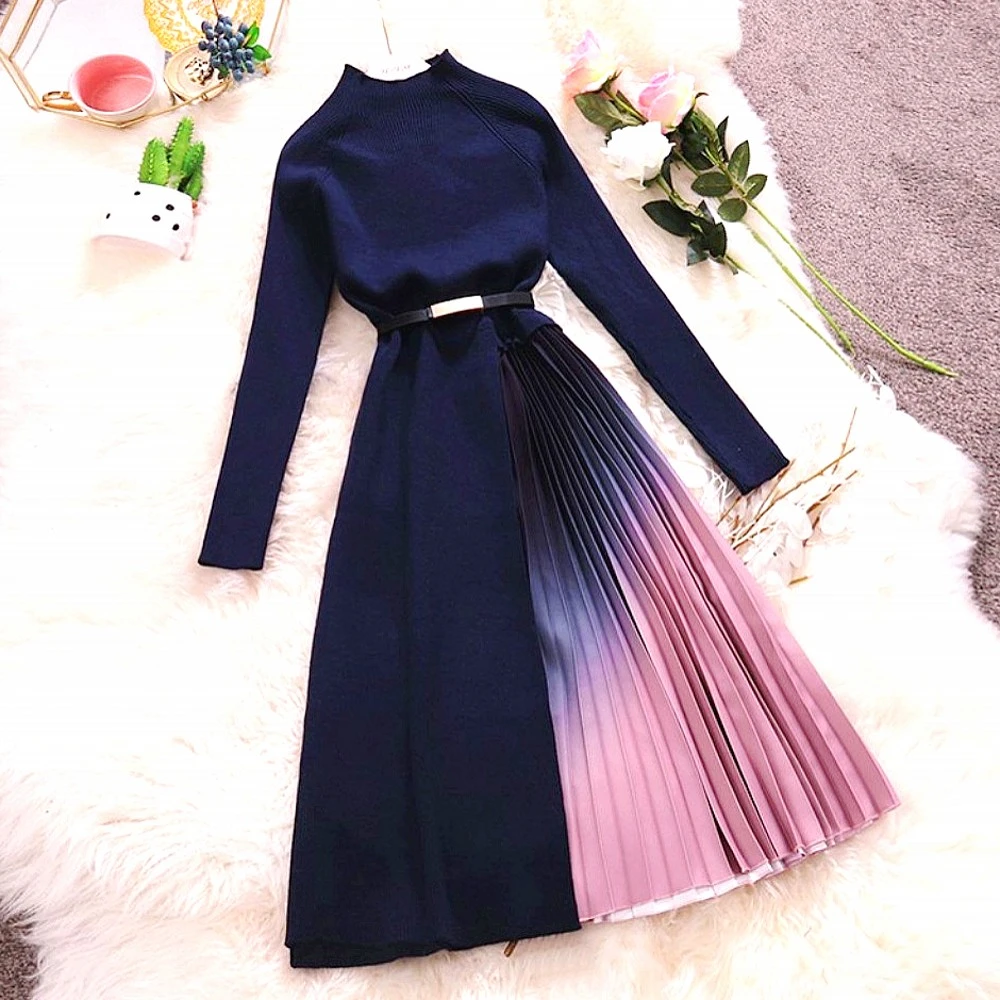 Gradient Pink Pleated Dress Women Autumn Winter Knitted Patchwork Long ...
