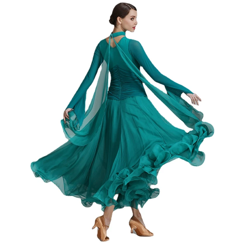 Back Fluttering Chiffon Long Women Ballroom Dress Standard Dance Dress ...