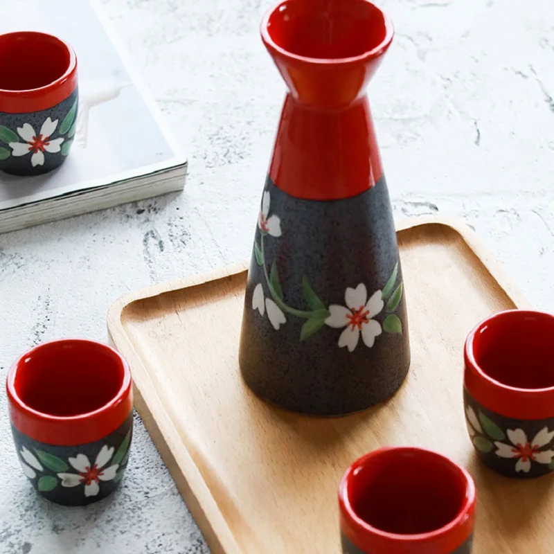 Vintage Ceramic Sake Pot Set with 4 Cups Japanese Cuisine Sake Bottle ...