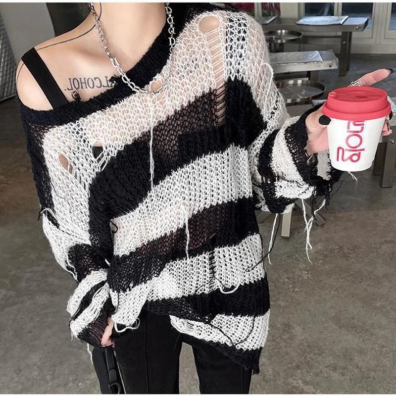 Women Emo Sweaters Drunge Grunge O Neck Alt Hollow Out Striped Loose ...