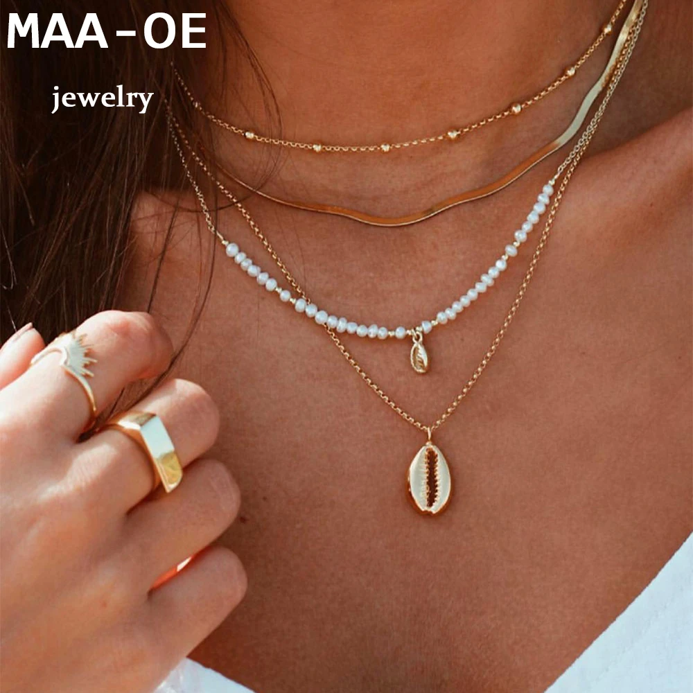 Gold Color Faux Pearl Snake Chain Shell Pendant Necklaces For Women ...
