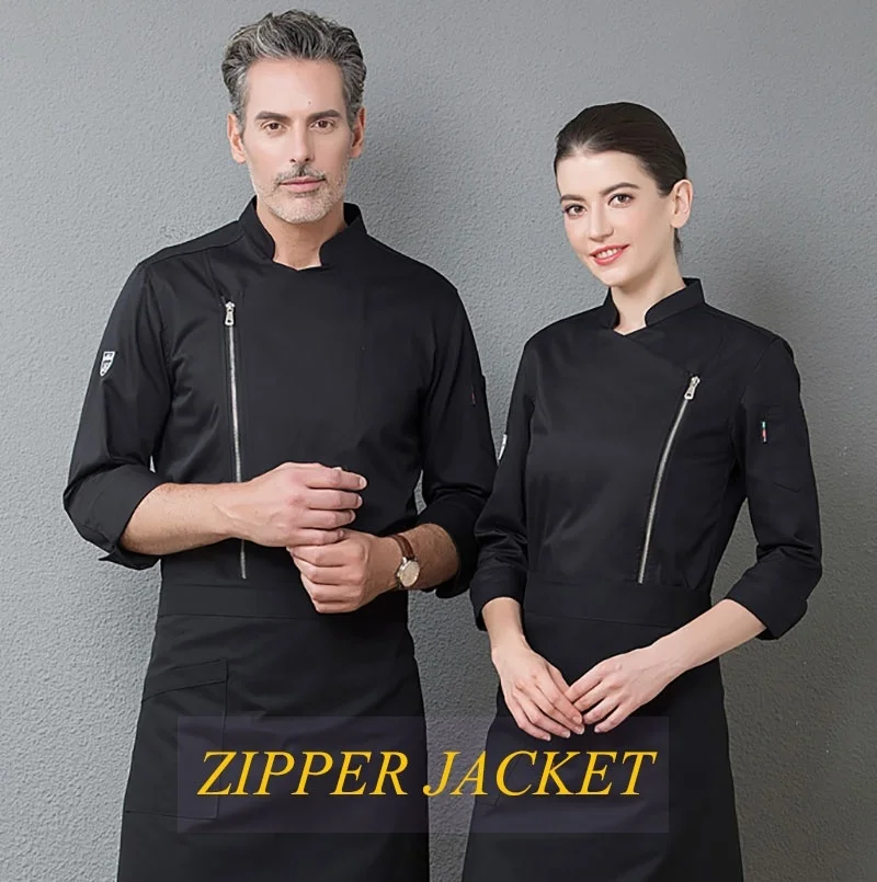 Chef Jacket Men Women Cook Coat Restaurant Uniform Zipper Stand Up ...