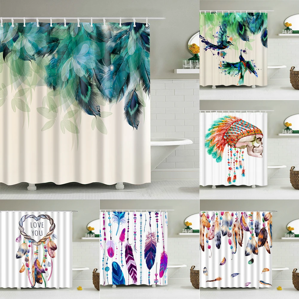Colorful Feather Bathroom Shower Curtain Bohemia Waterproof Polyester ...