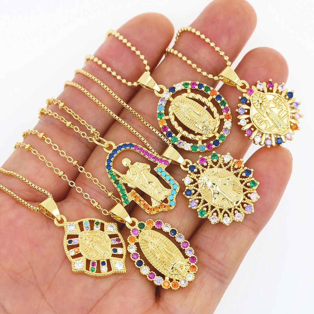 Fashion-Rainbow-Cubic-Zircon-Virgin-Mary-Gold-Necklace-Church-Christian ...