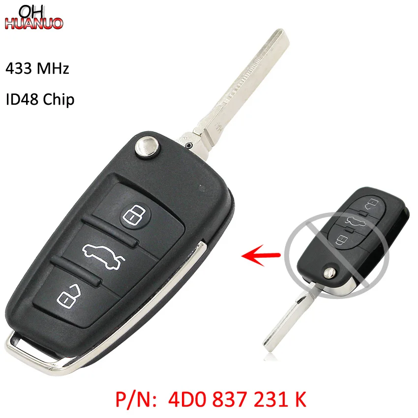 Upgraded Folding Remote Key 3 Button 433mhz With Id48 Chip For Audi Tt ...