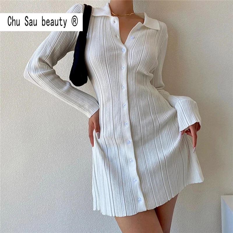 2022 New Spring Autumn Slim White Vestidos Vintage Long Sleeve Female ...