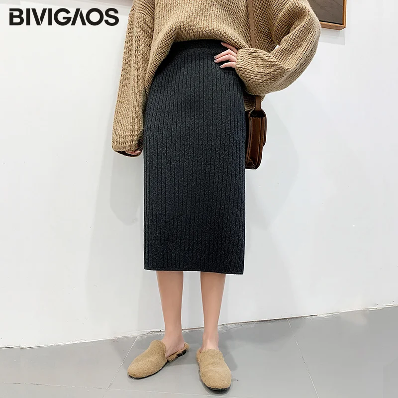 BIVIGAOS Осень-зима Новые вязаные юбки для женщин высокая талия миди ...