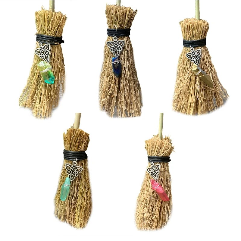 Mini Broom Straw Witch Brooms with Hanging Crystal Pendant Decorations ...