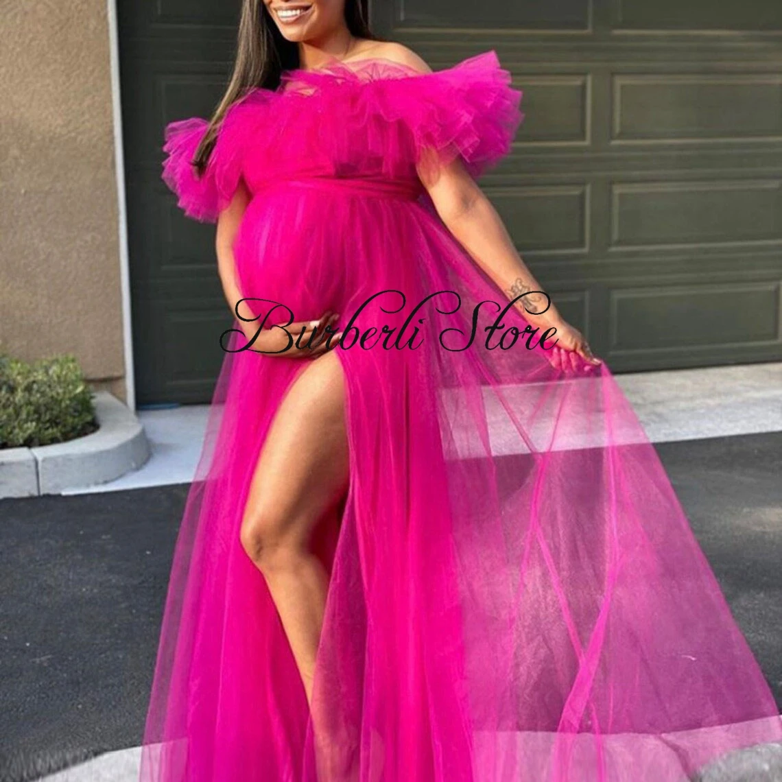 Hot Pink Off The Shoulder Tulle Long Robe For Pregnant Women Dresses ...