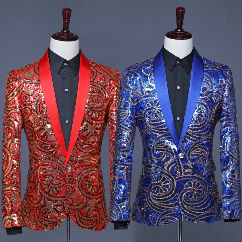 Mens Flower Sequins Wedding Male Singer Stage Performance Suit Jacket ...