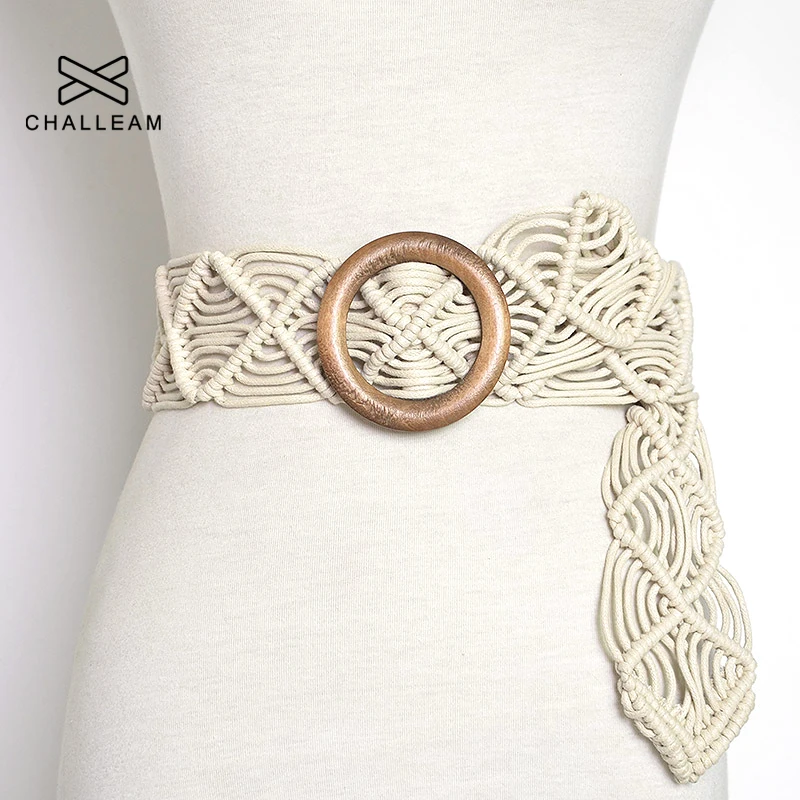 Vintage Wide Bohemian Belts For Women Round Wood Buckle Woven Braided ...