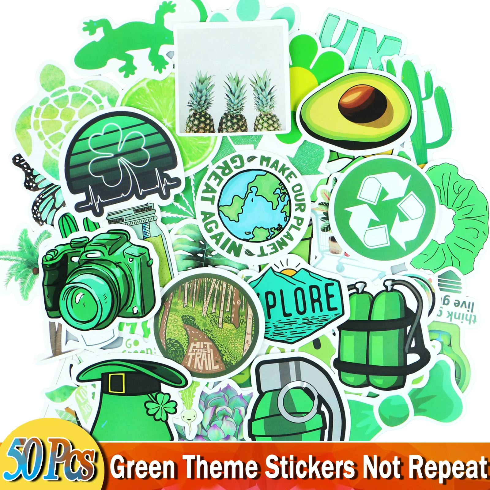 50 PCS Green Sticker Cartoon DIY Toy Waterproof Stickers for Travel ...