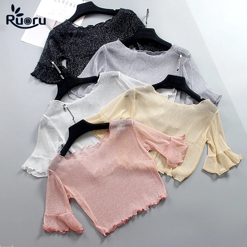 Ruoru 섹시한 메쉬 반짝이 블링블링 티셔츠, 여름 투명 클럽 파티, 귀여운 티셔츠, 섹시한 얇은 카와이 크롭탑|티셔츠 ...