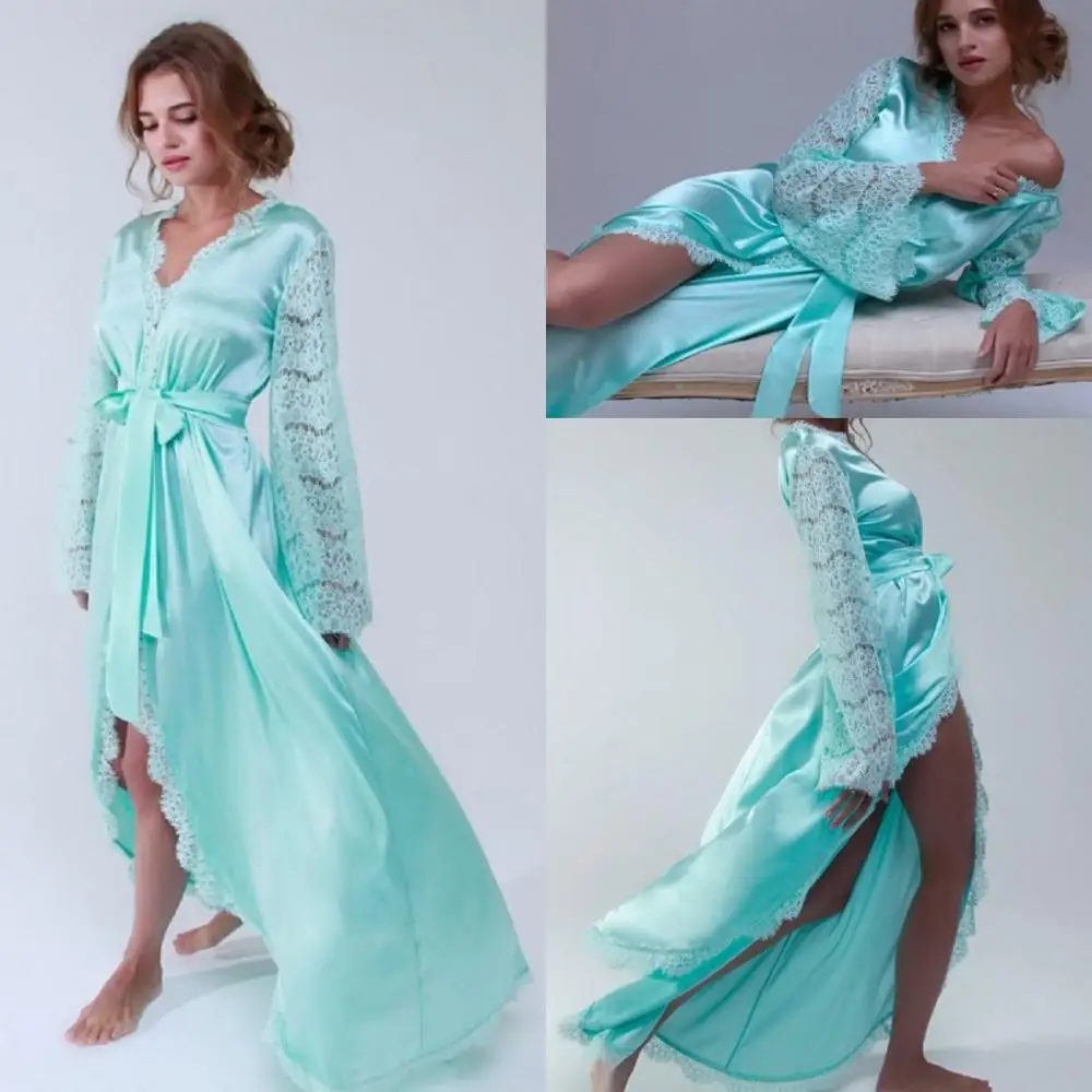 High Low Lace Bathrobe Women Blet Floor Length Lingerie Nightgown ...