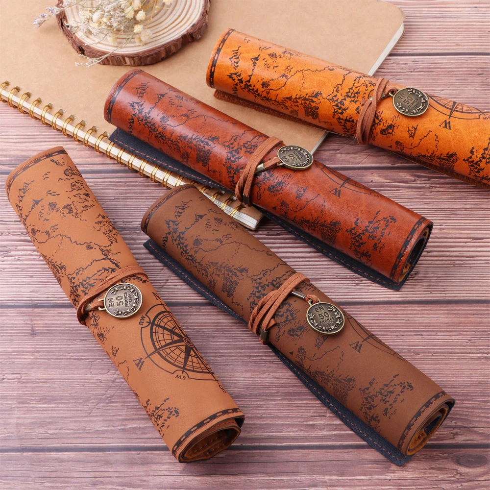 Retro Treasure Map Roll Pencil Case Pu Leather Big Capacity Pen Bag ...