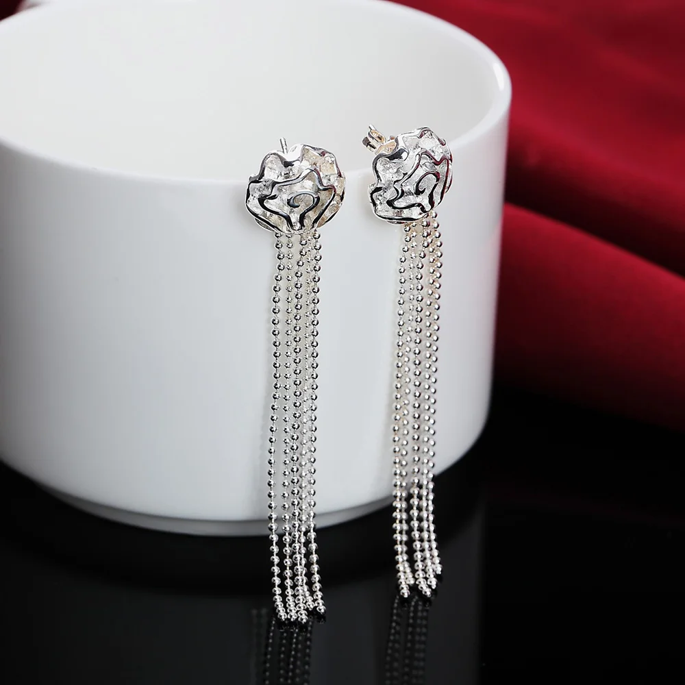Fine 925 Stamp Silver color Jewelry set rose flower bangle rings ...