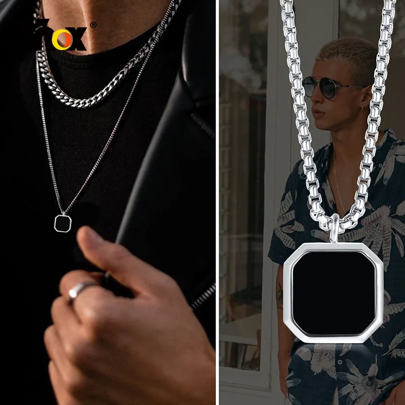 Vnox Black Square Necklace for Men, Stainless Steel Geometric Pendant ...