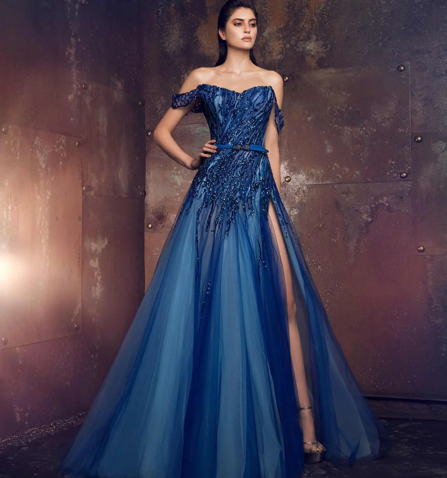 Dark-Blue-Evening-Gowns-with-Beads-Sequin-Floor-Length-Women-Prom ...
