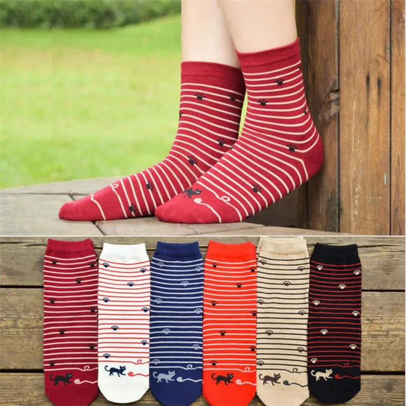 6 Pairs Women Cartoon Socks Colorful Striped Cute Cotton Socks Lady And ...