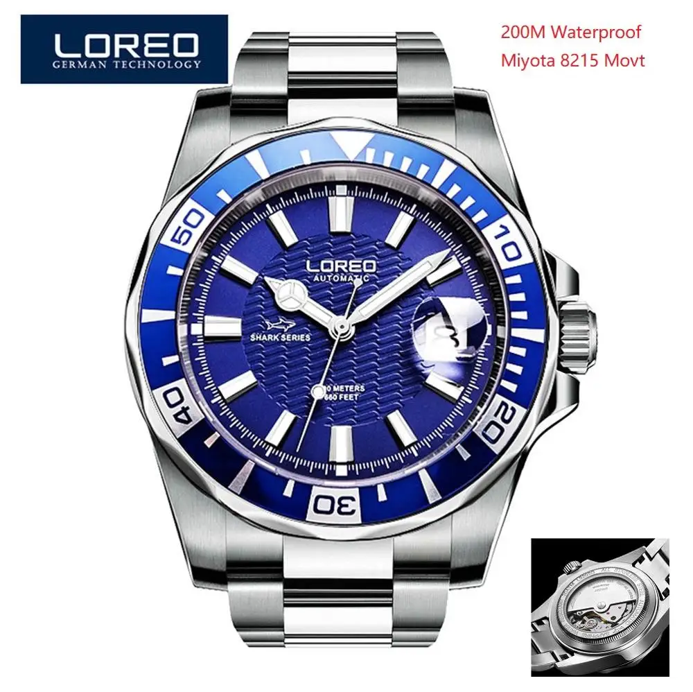 LOREO Men`s Watch Japan 8215 Movt Automatic Watches 200M Diving ...