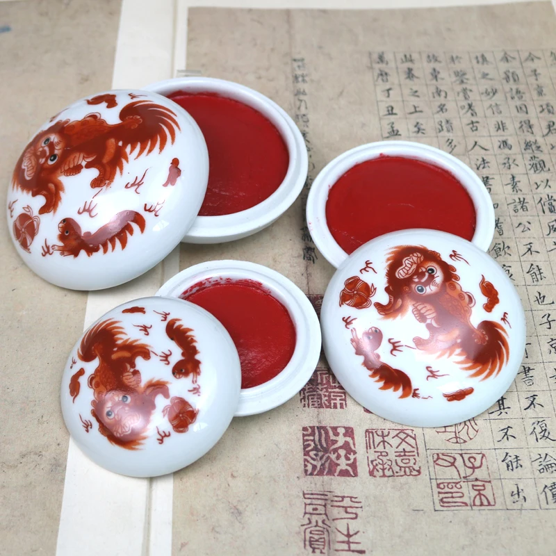 Red-Ink-Pad-With-Round-Lion-Carved-Ceramic-Box-Calligraphy-Signature ...
