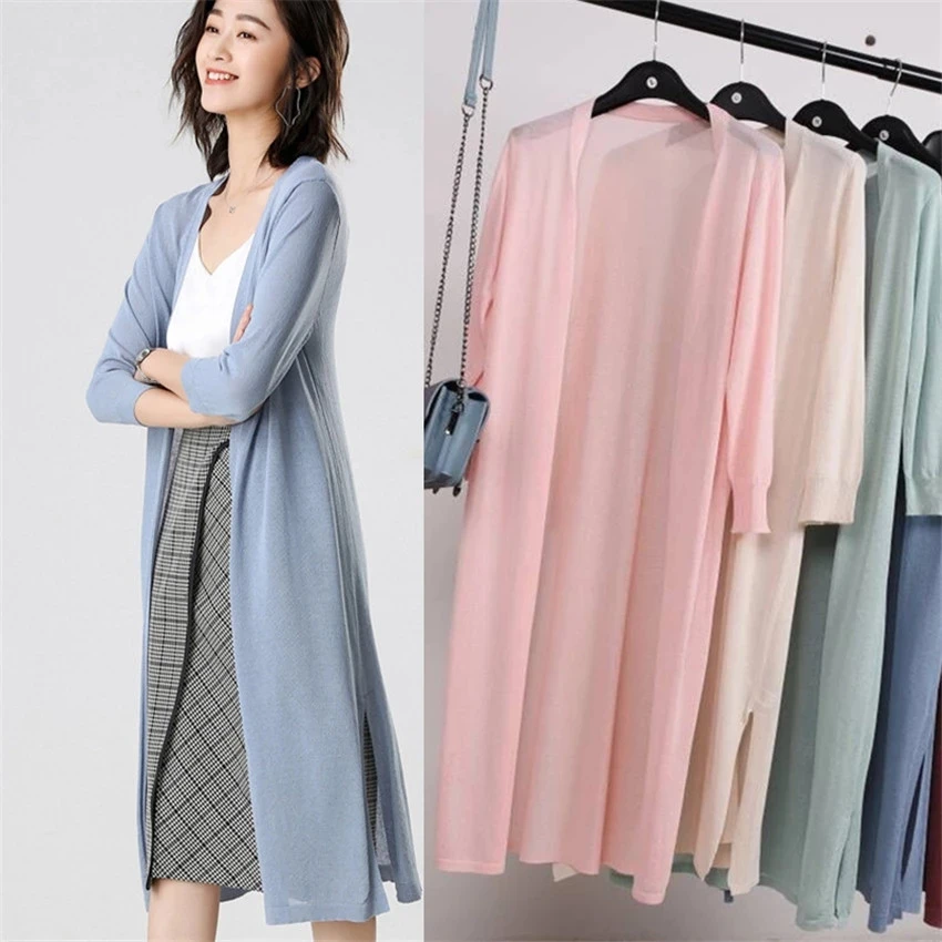 Women Midi Long Thin Cardigan Jacket Summer Autumn Casual Silk Knitted ...