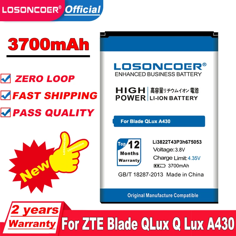 Losoncoer 3700mah Li3822t43p3h675053 Battery For Zte Blade Qlux Q Lux ...